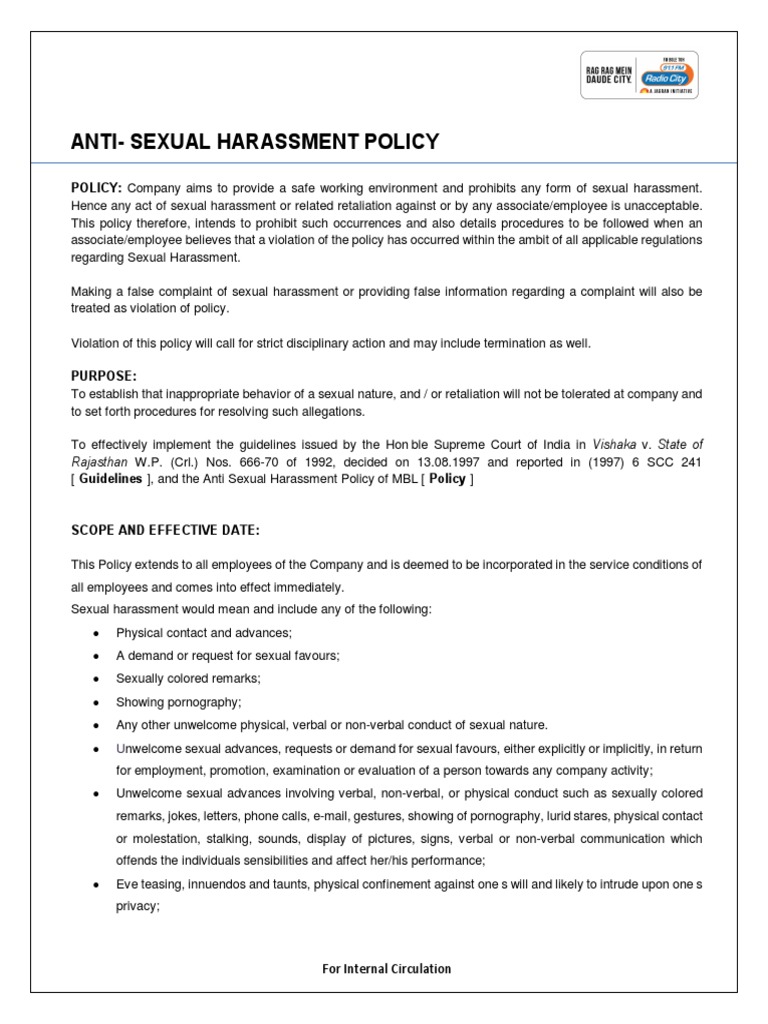 Anti Sexual Harassment Policy | PDF | Sexual Harassment | Crime & Violence