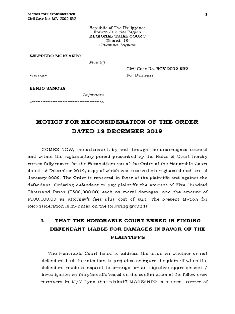Motion for Reconsideration in BCV-2002-852 | PDF | Damages | Lawsuit
