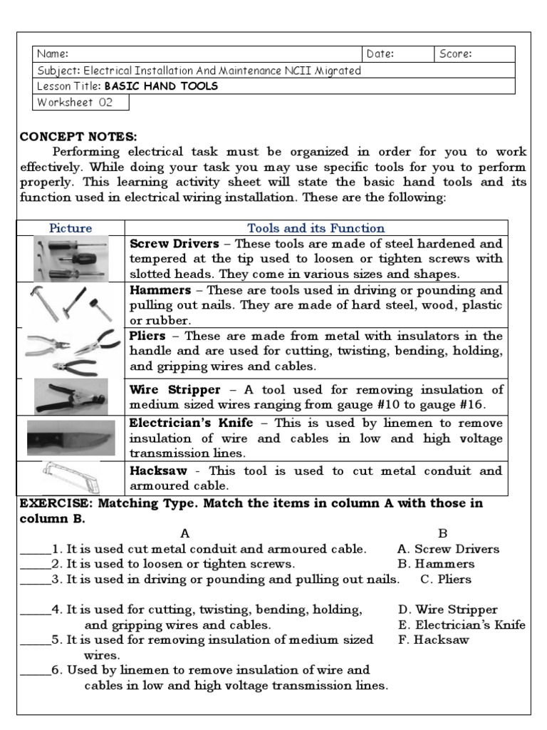Basic Hand Tools Lesson Matching | PDF