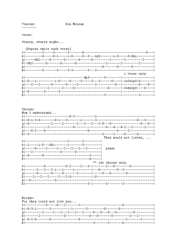 Vincent - Don McLean Melody | PDF | Song Structure | Songs