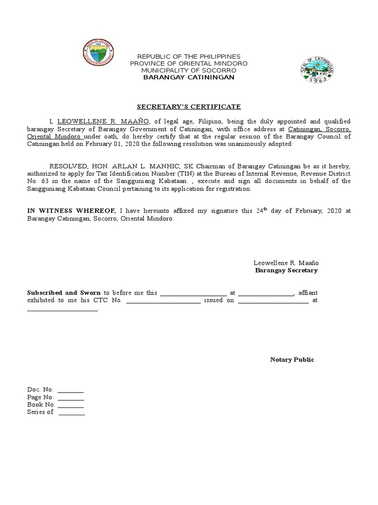 Sample Format Secretarys Certificate Renewable Energy Application | PDF