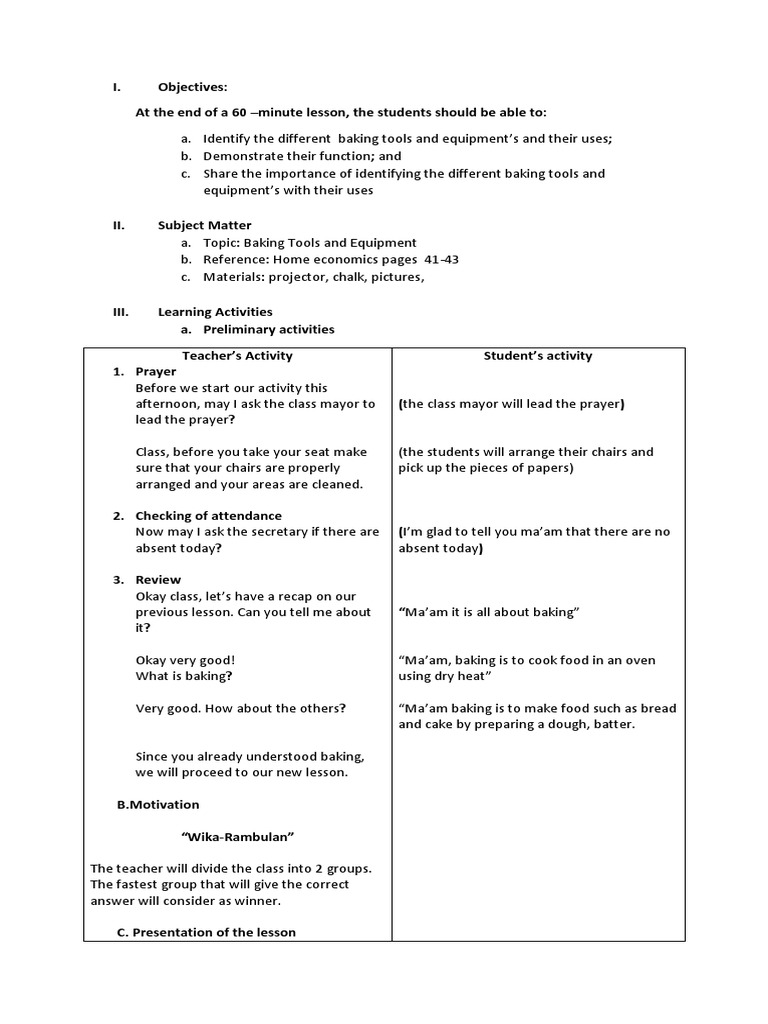 Lesson Plan in Baking Tools | PDF | Cookware And Bakeware | Kitchen Utensil