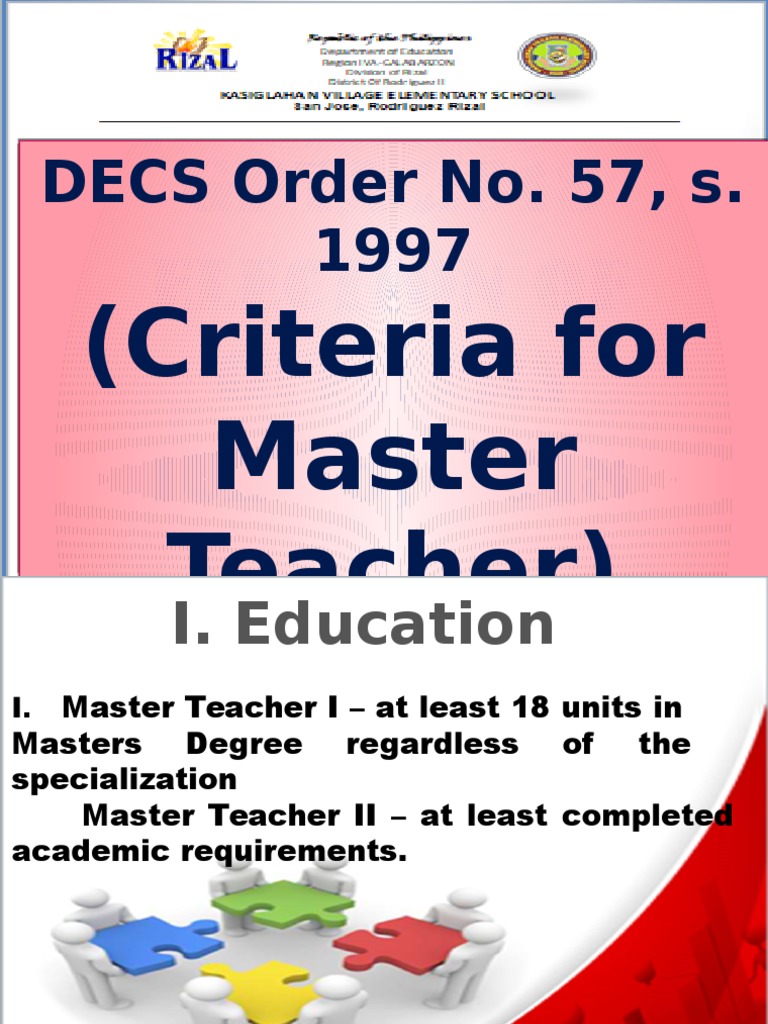 DECS Order No 57 S 1997 Criteria For Master Teacher | PDF