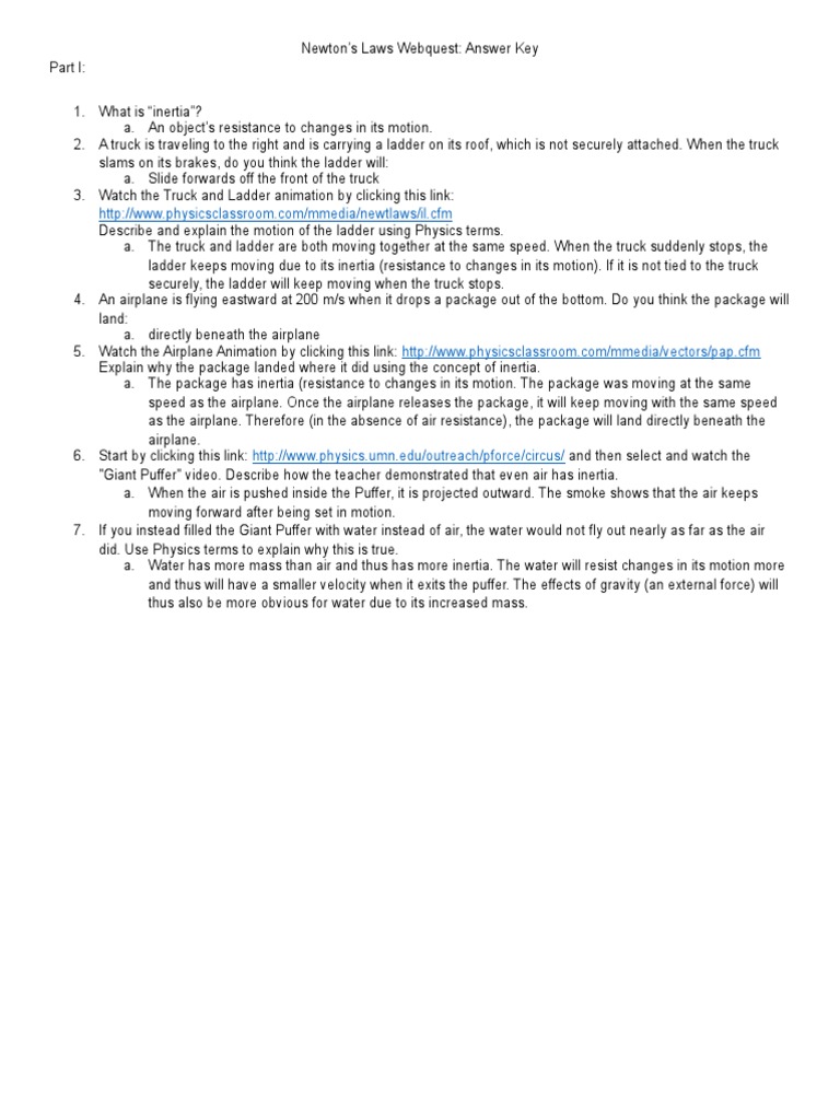 Newtons Laws Webquest Answer Keys | PDF
