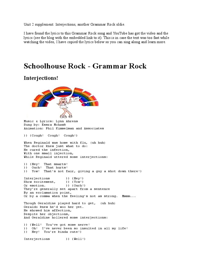 Schoolhouse Rock Interjections | PDF | Linguistic Typology | Semantics