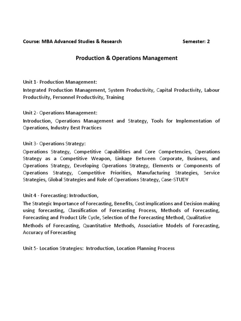 MBA Production & Operations Management Syllabus | PDF | Business