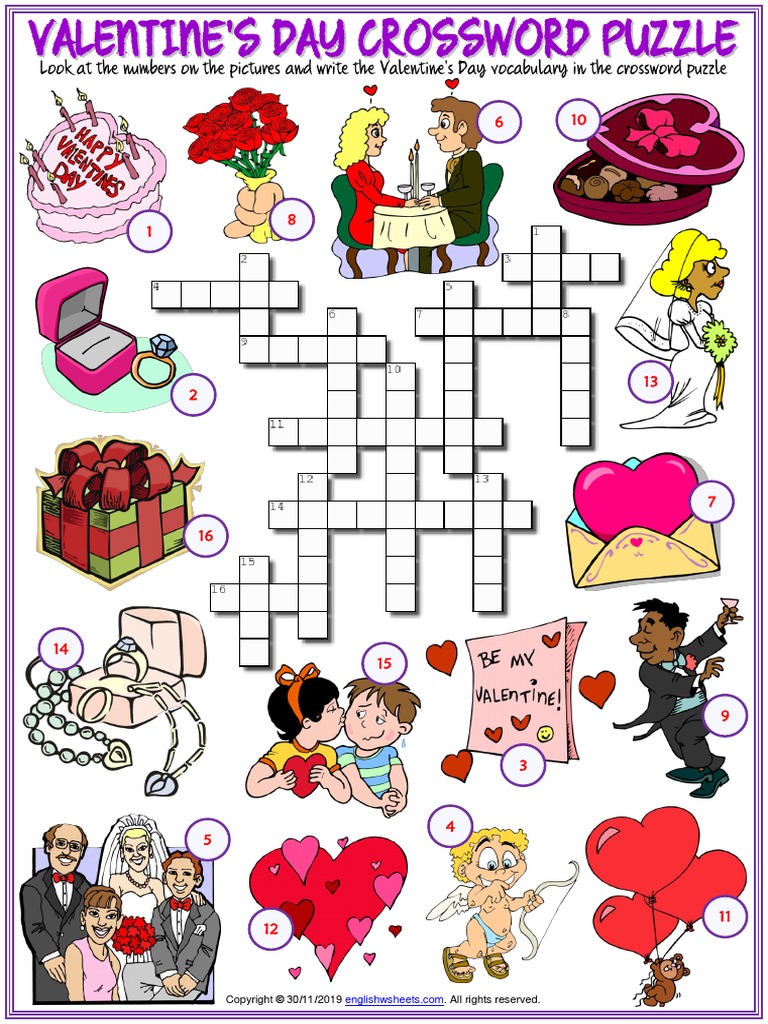 Valentines Day Vocabulary Esl Crossword Puzzle Worksheet For Kids | PDF
