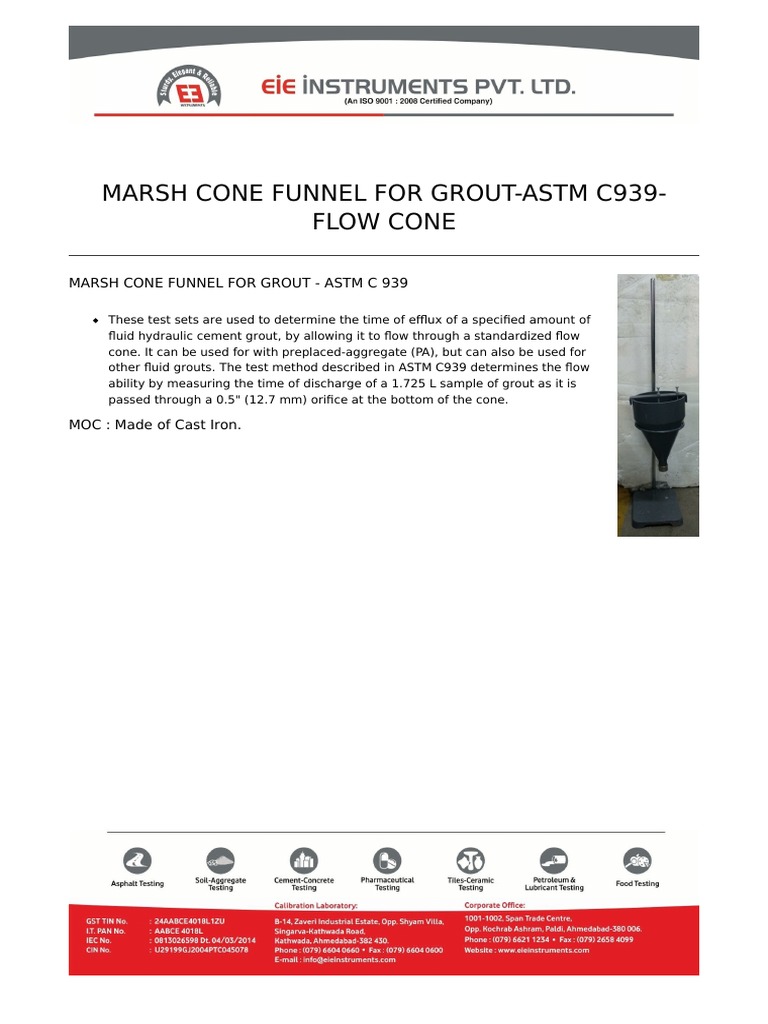 Marsh Cone Funnel For Grout Astm C939 Flow Cone | PDF