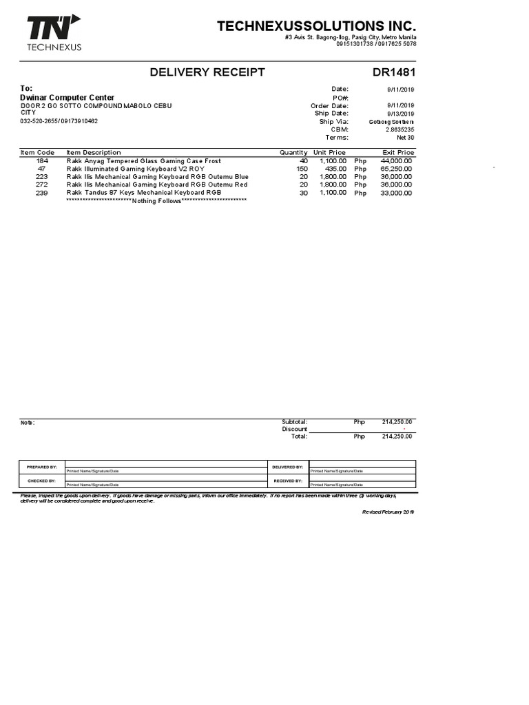 Delivery Receipt DR1481-Dwinar - Delivery Receipt | PDF