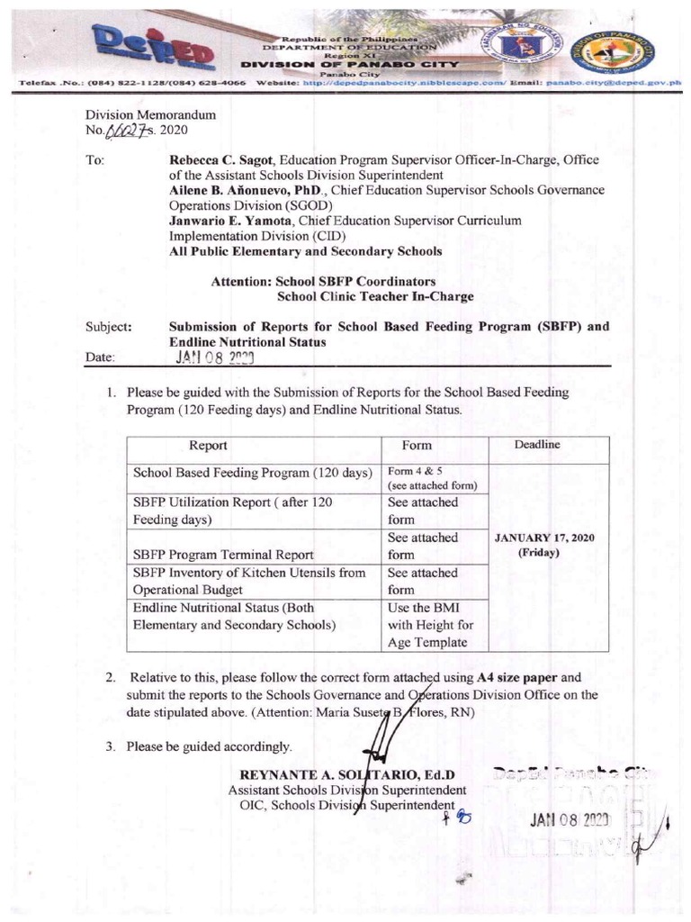 DM #0027 S, 2020 - Submission of Reports For School Based Feeding ...