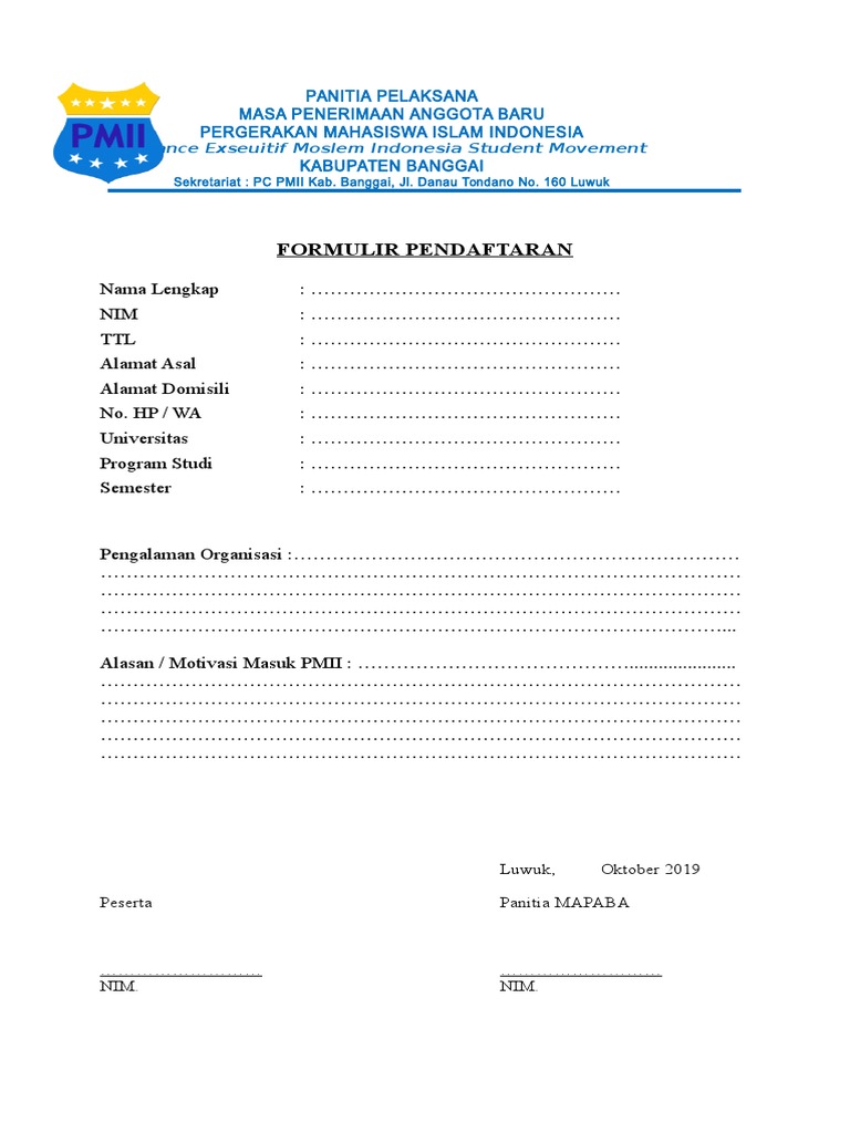 Formulir Mapaba PMII Banggai | PDF