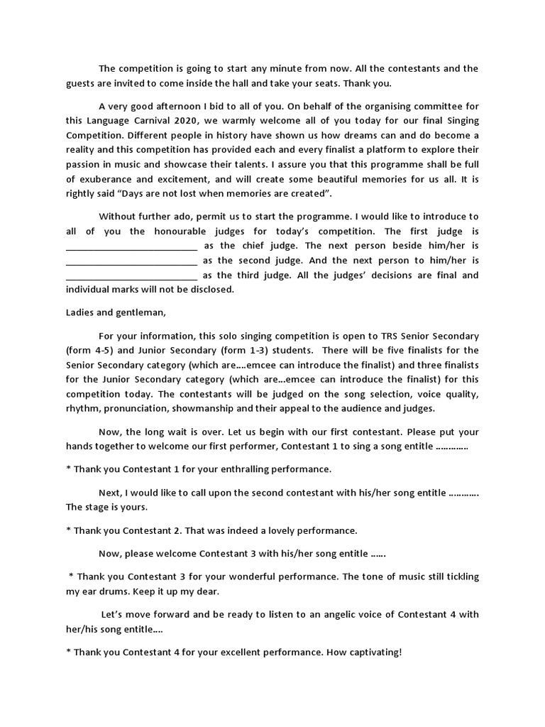 Emcee Script For Singing Competition | PDF