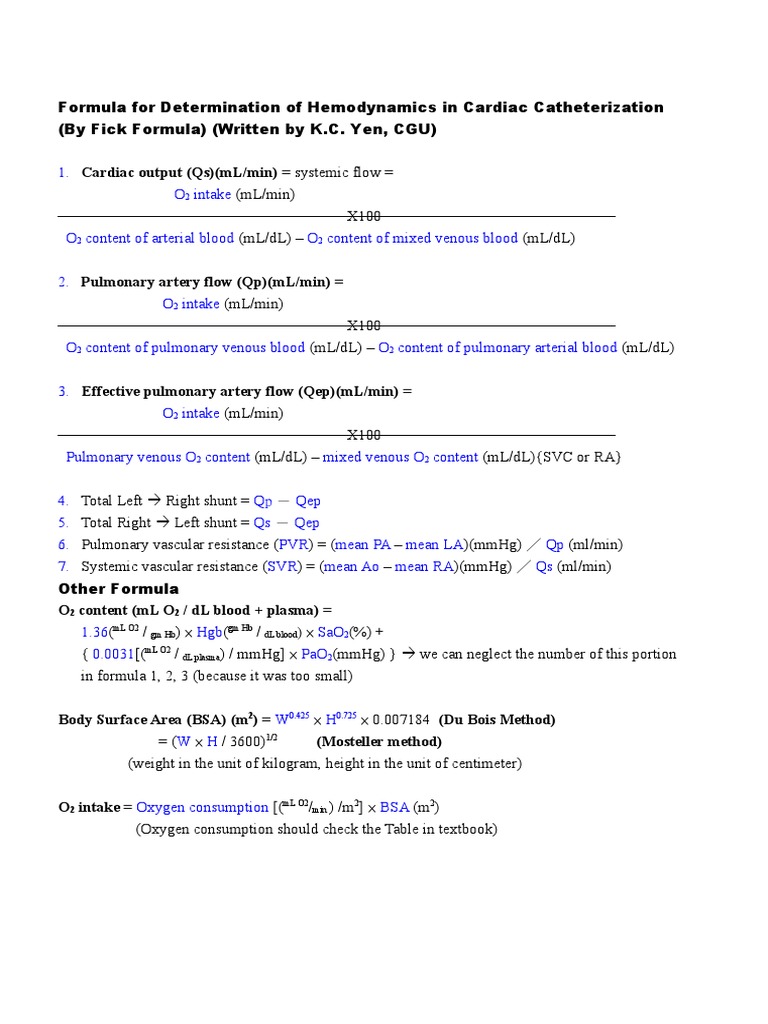 Formula For Calculation of Hemodynamics in Cardiac Catheterization-Ver ...