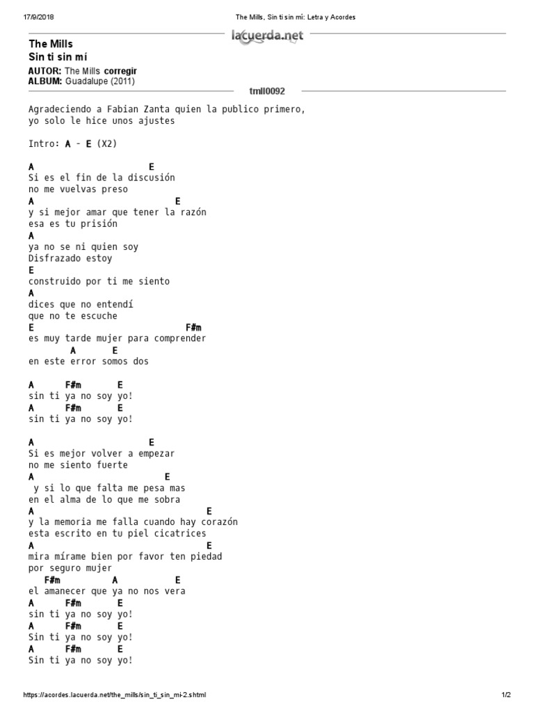 The Mills, Sin Ti Sin Mí - Letra y Acordes | PDF