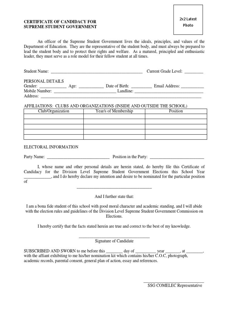 Certificate of Candidacy For The Supreme Student Government | PDF