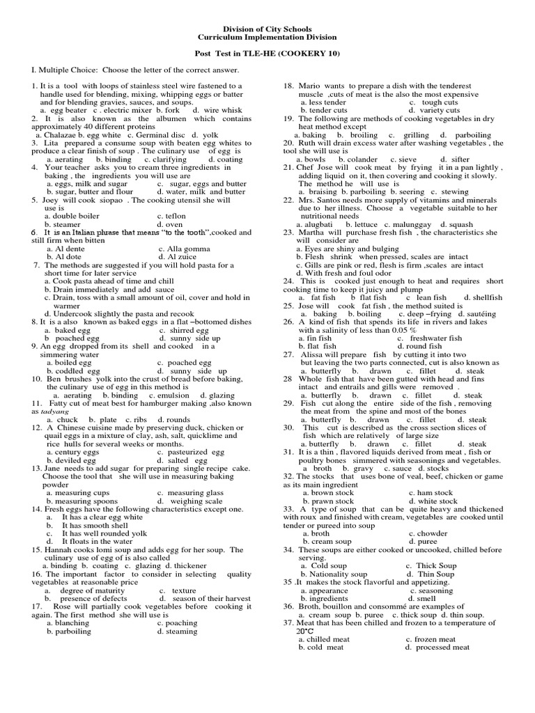 Tle-He-Cookery 10 Post Test | PDF | Cooking, Food & Wine