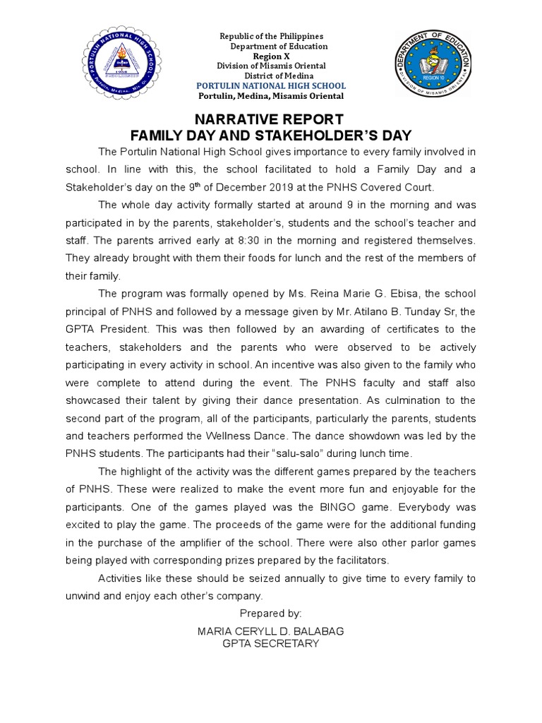 Narrative Report On Family Day and Stakeholders Day | PDF