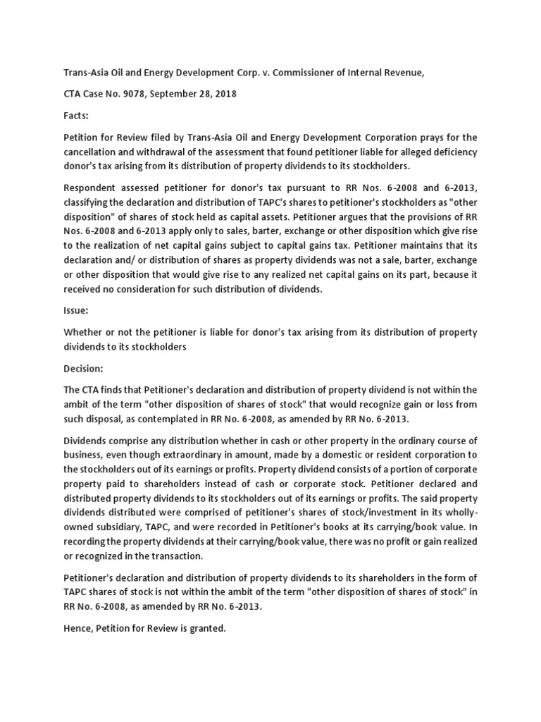 Donor's Tax Liability in Property Dividends | PDF | Law
