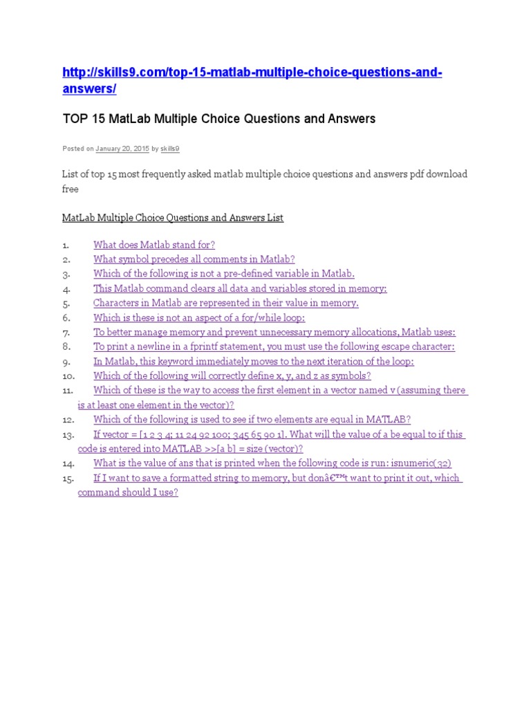 Top 15 MATLAB MCQs and Answers | PDF