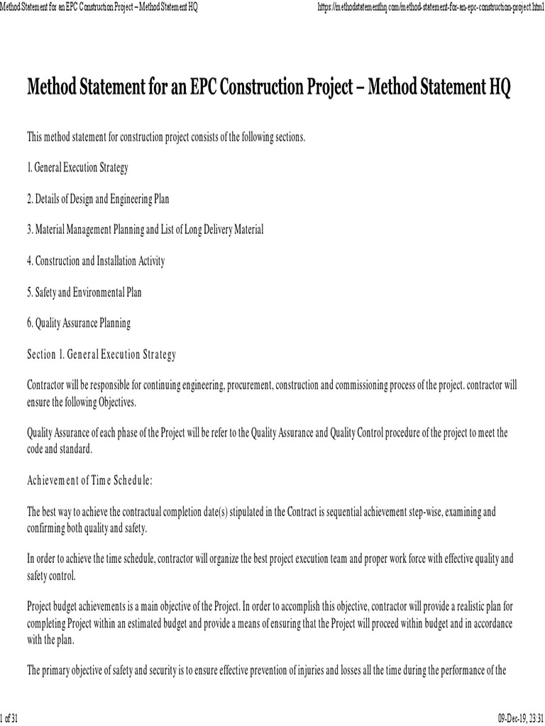 Method Statement For An EPC Construction Project - Method Statement HQ | PDF
