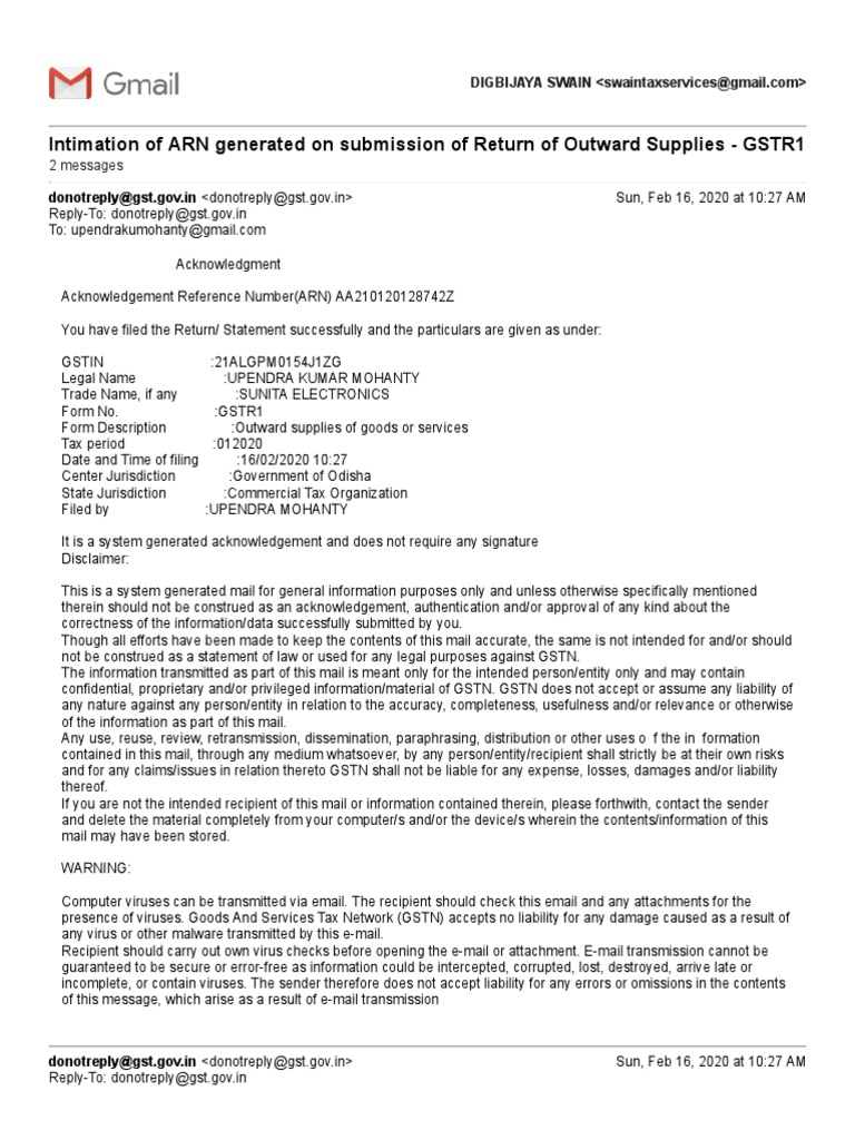 Gmail - Intimation of ARN Generated On Submission of Return of Outward Supplies - GSTR1 | PDF