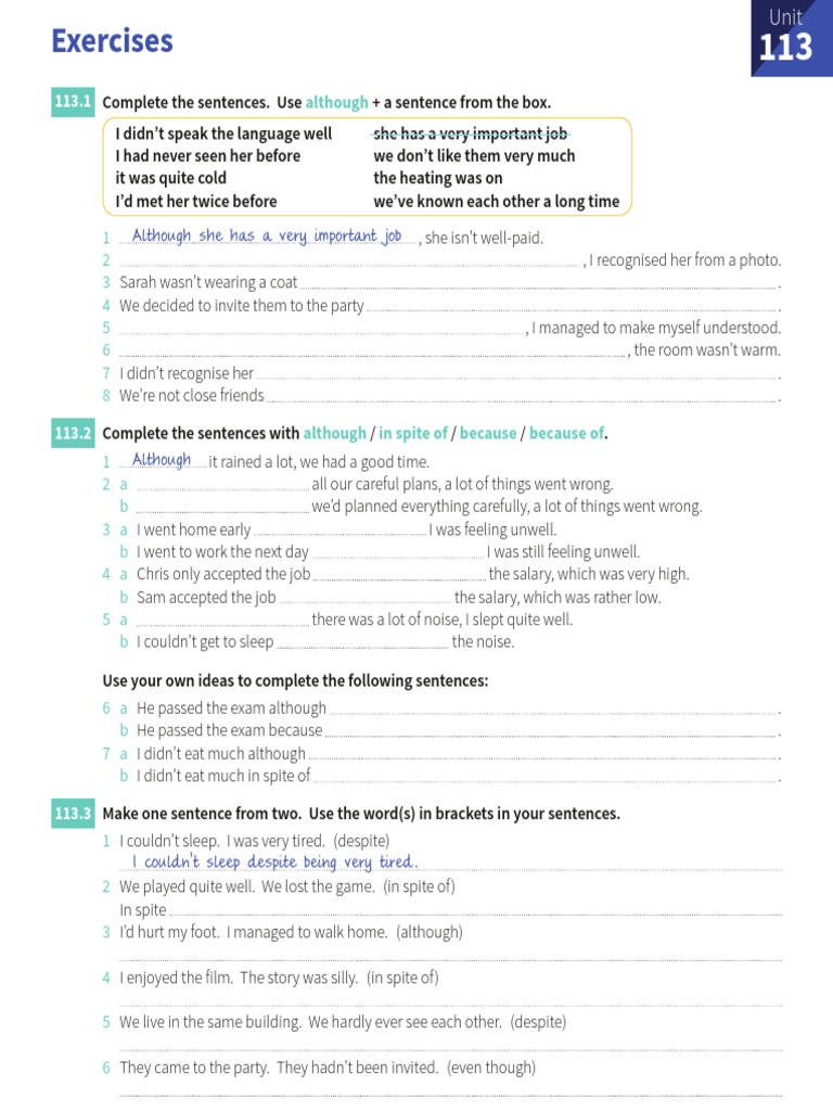 Although, in Spite Of, Despite Exercises | PDF