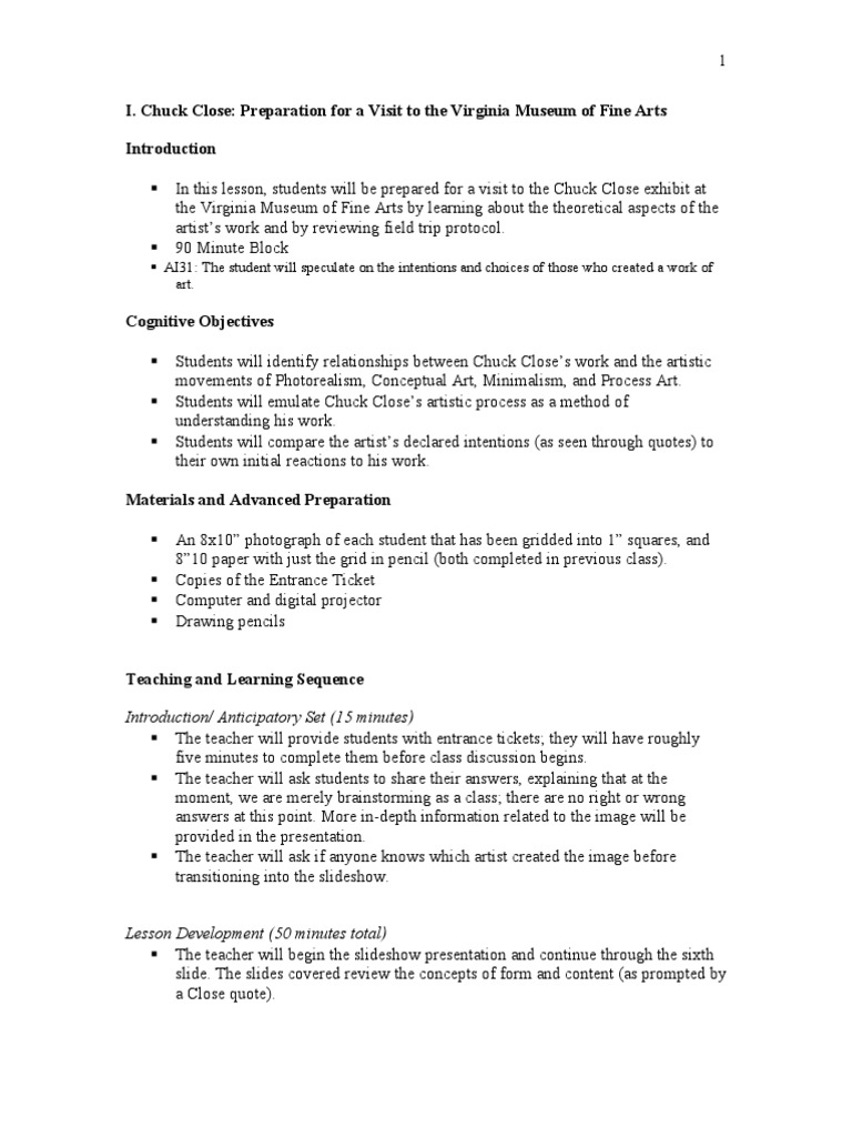 Chuck Close Lesson Plan | PDF | Homework | Drawing