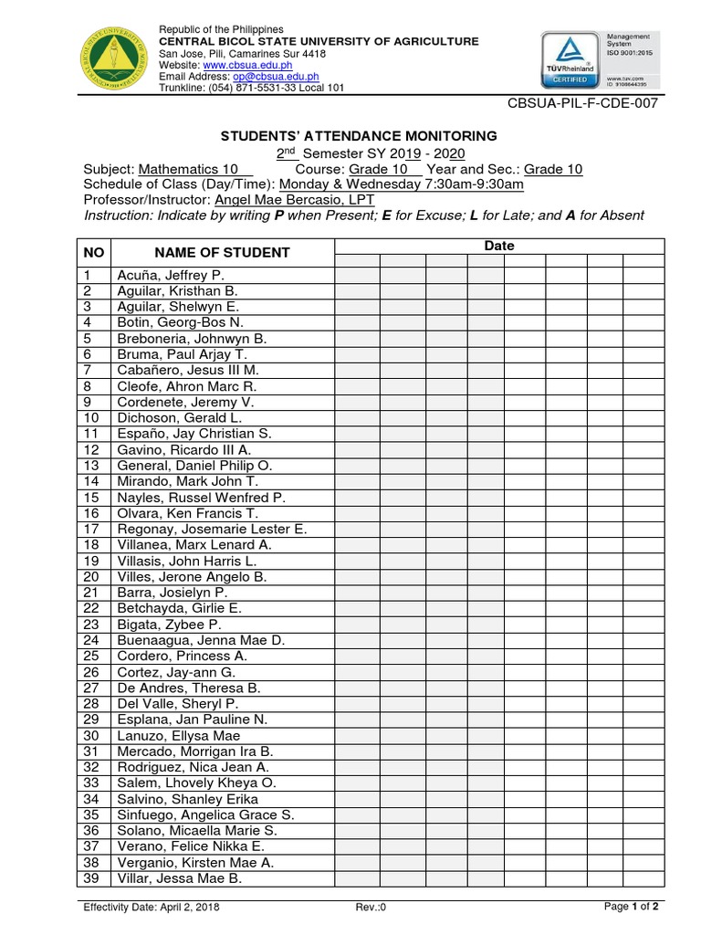 Attendance Form - Math 10 | PDF