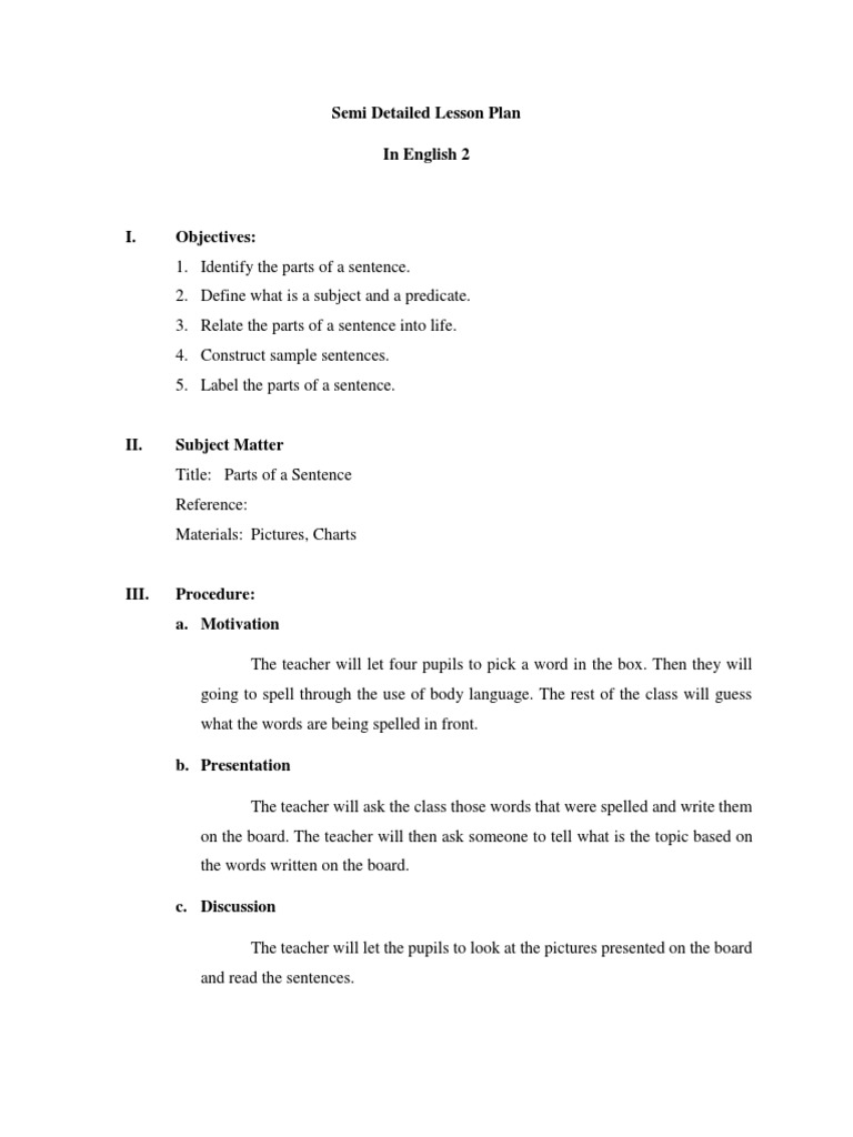 Semi Detailed Lesson Plan English 2 | PDF