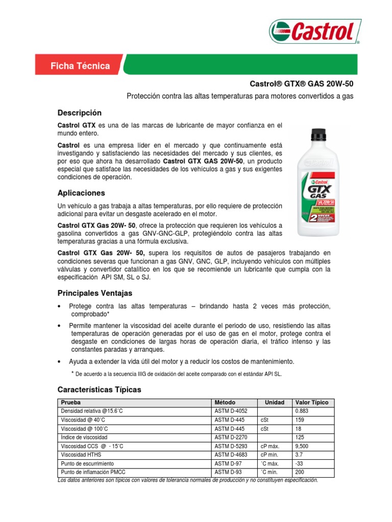 PDS CCSA Castrol GTX Gas 20W-50 Spanish | PDF