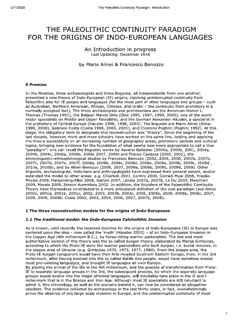 The Paleolithic Continuity Paradigm For The Origins of Indo-European ...