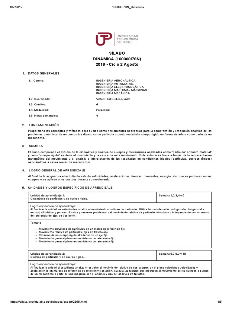 100000I76N - Dinamica (1) Silabo Utp | PDF