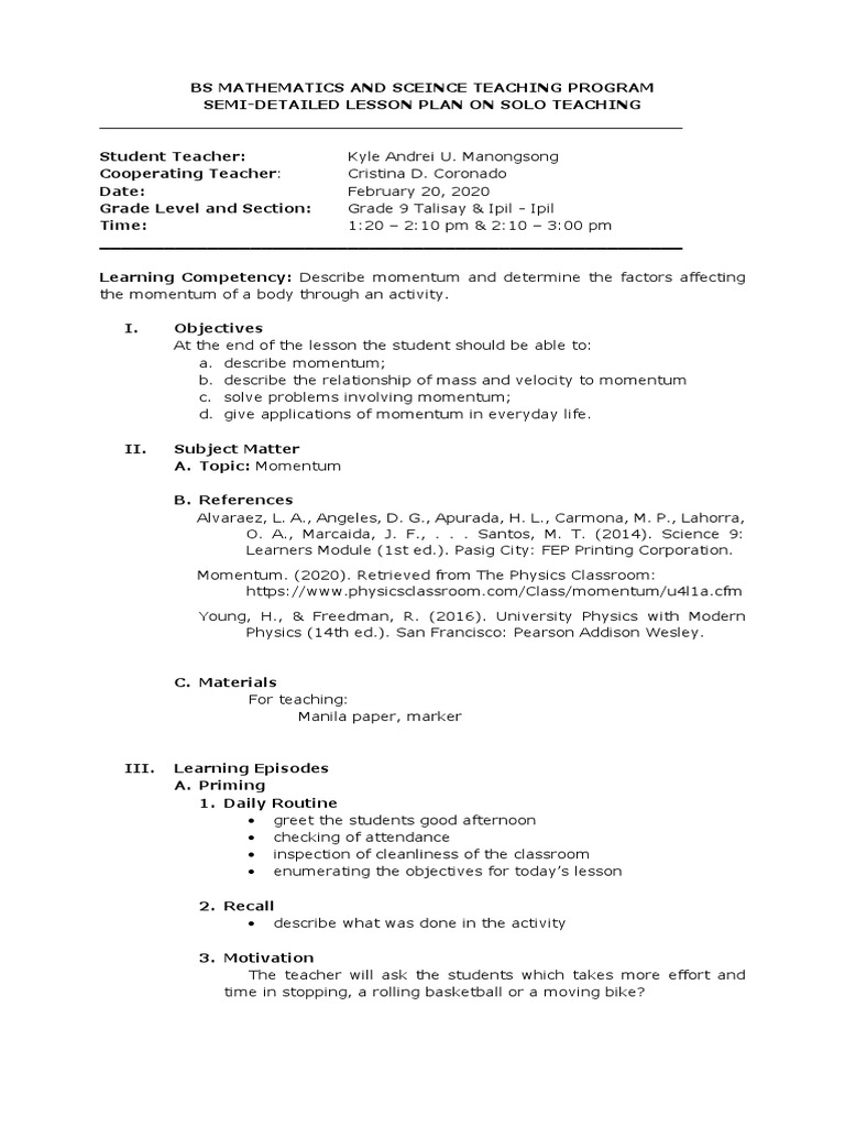 Grade 9 Momentum Lesson Plan | PDF | Language Arts & Discipline ...