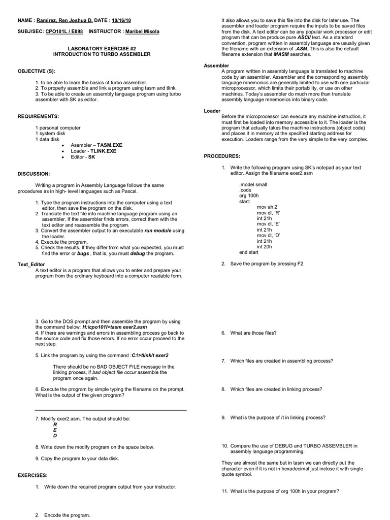 Experiment 2 Pdf Assembly Language Computer Program