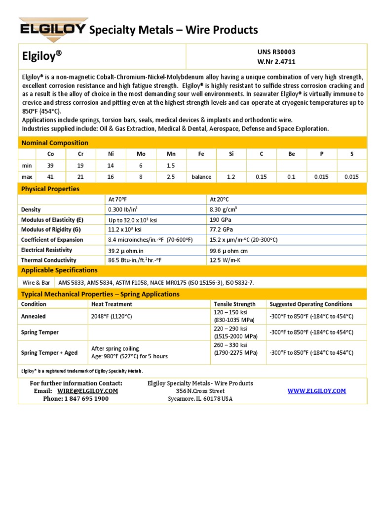 Wire Data Sheet - Elgiloy PDF | PDF