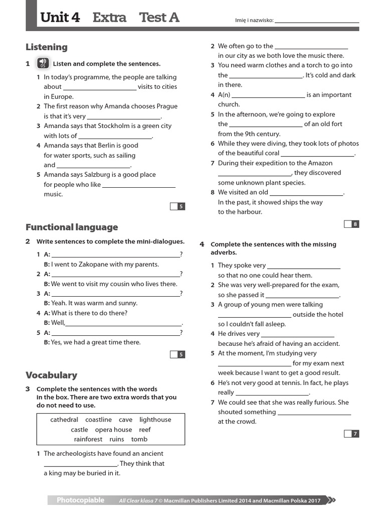 ANGIELSKI 7 KLASA ALL CLEAR 4 Dział Unit 4 Test A | PDF