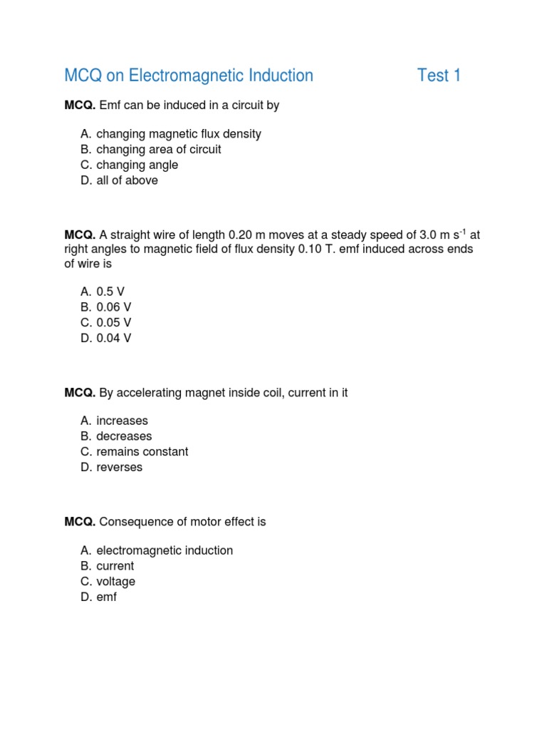 Electromagnetic Induction MCQs Quiz | PDF | Teaching Methods ...