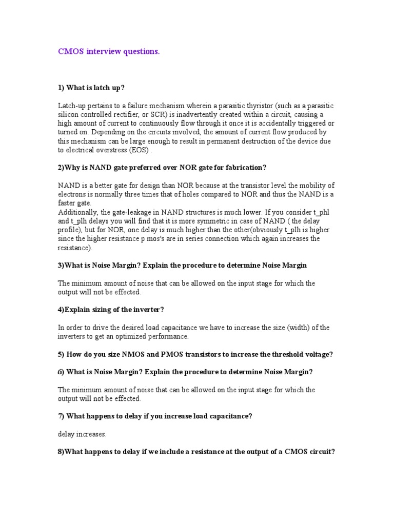 Cmos Interview Questions Pdf Mosfet Cmos