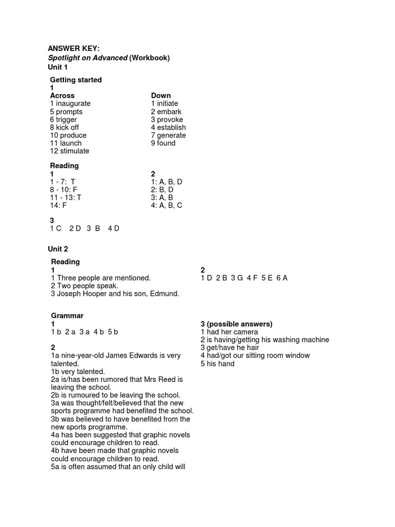 Answer Key Spotlight On Advanced | PDF