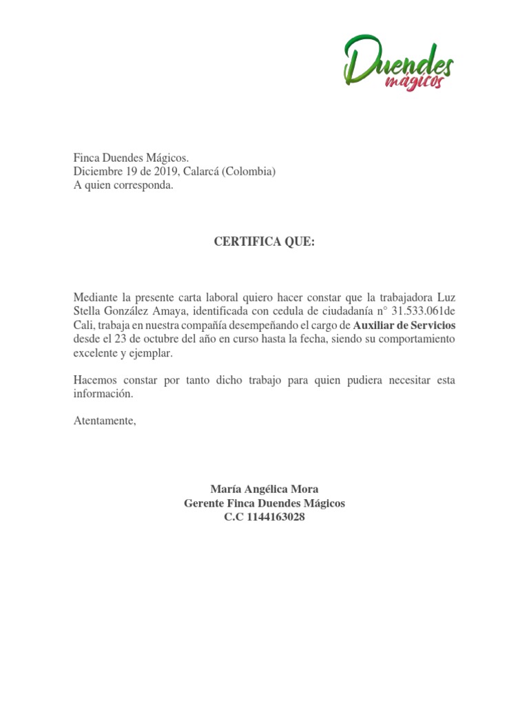 Carta de constancia laboral para Luz González | PDF