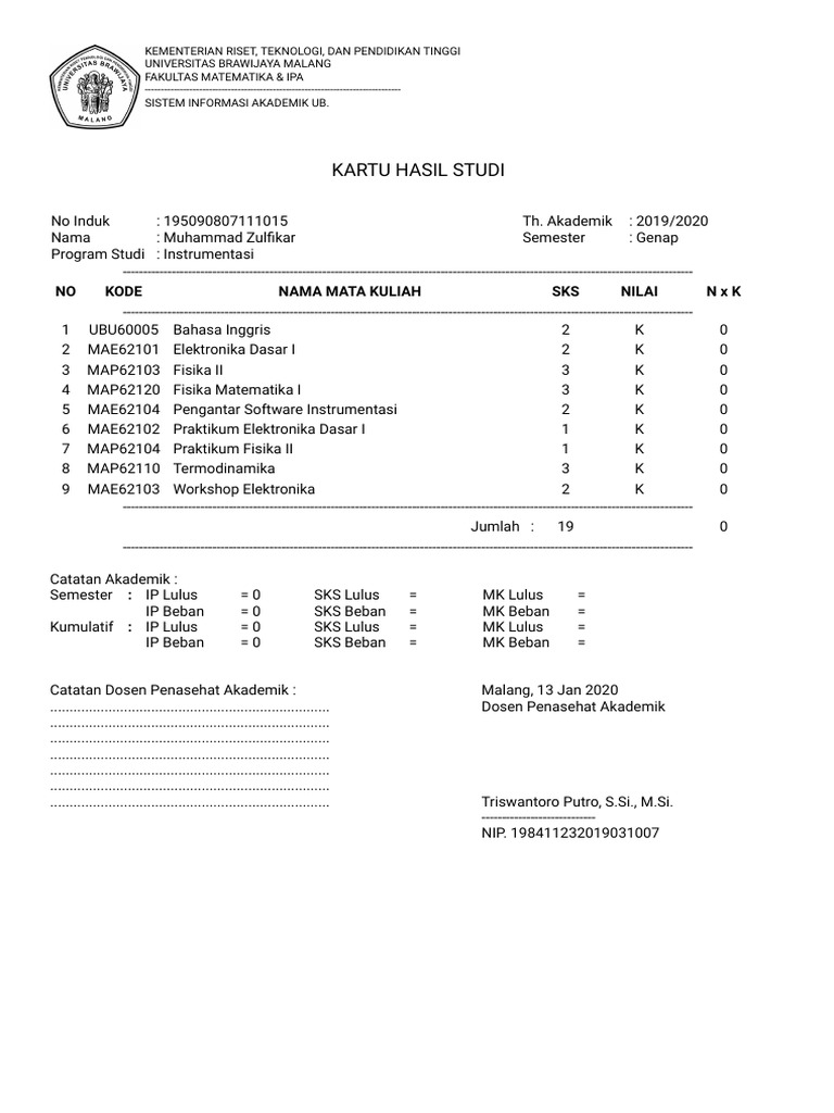 Kartu Hasil Studi SIAKAD UNRIKA | PDF
