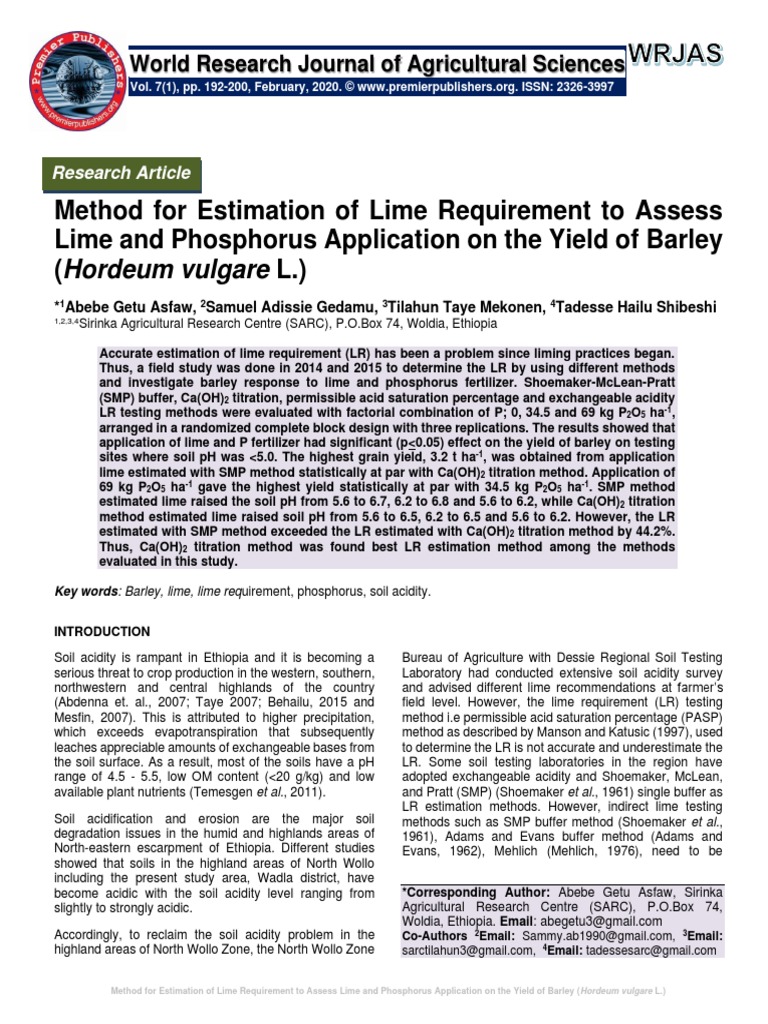 Method For Estimation of Lime Requirement To Assess Lime and Phosphorus ...