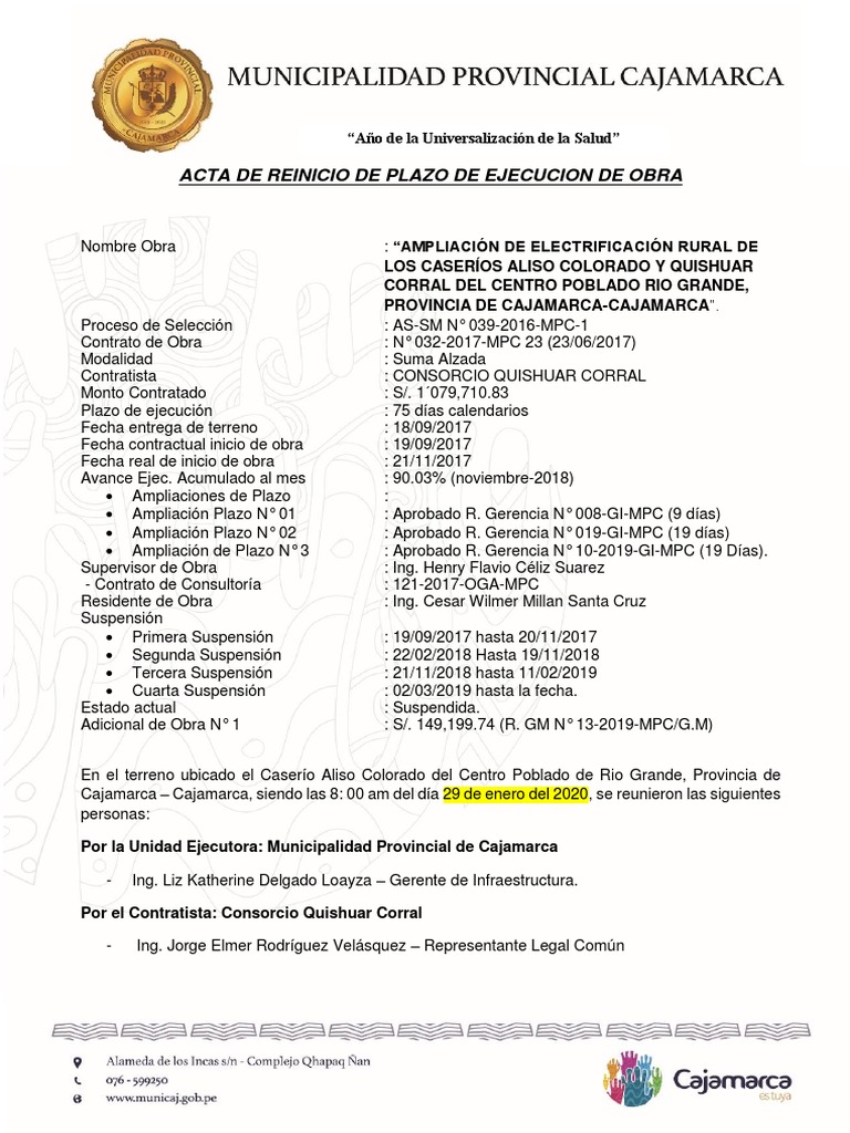 Acta de Reinicio de Ejecucion de Obra | PDF