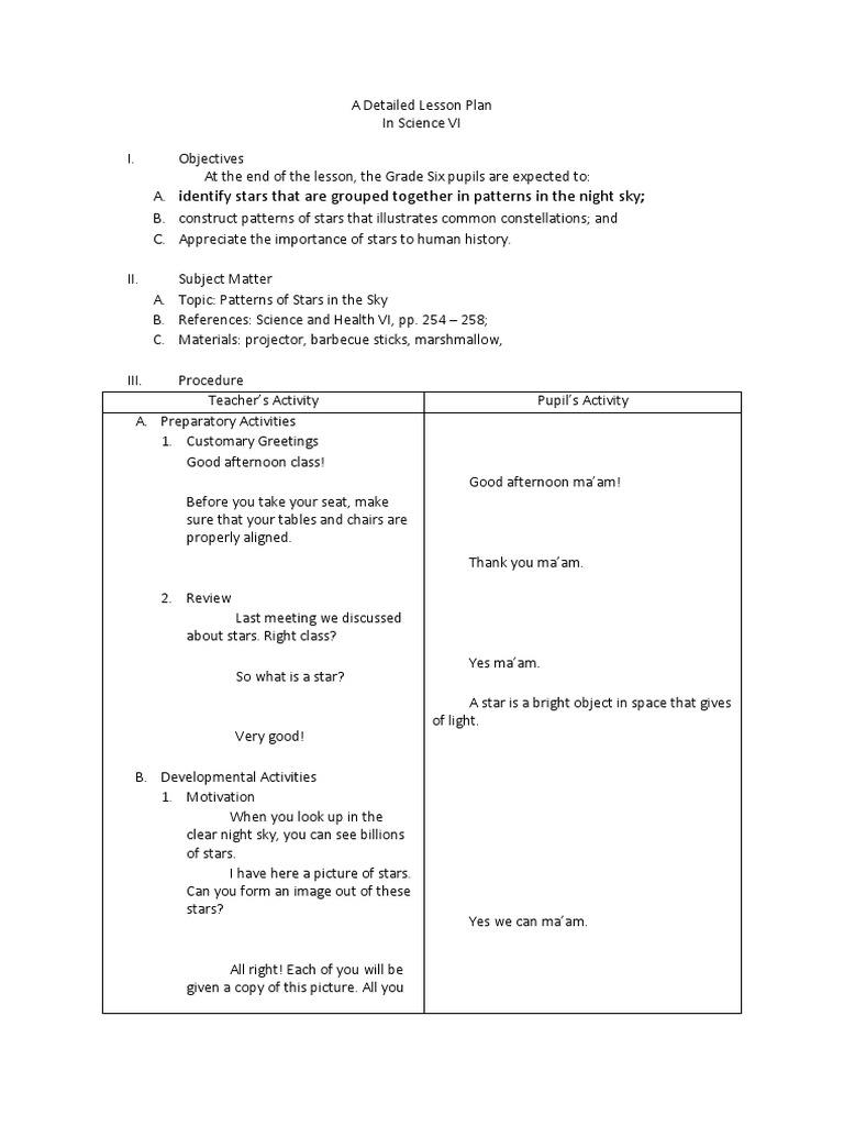 A Detailed Lesson Plan constellation