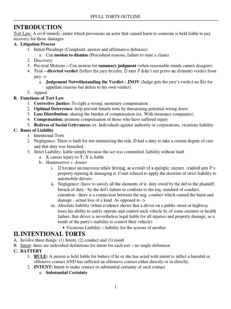 Torts Outline (FULL) | PDF | Trespass | Tort