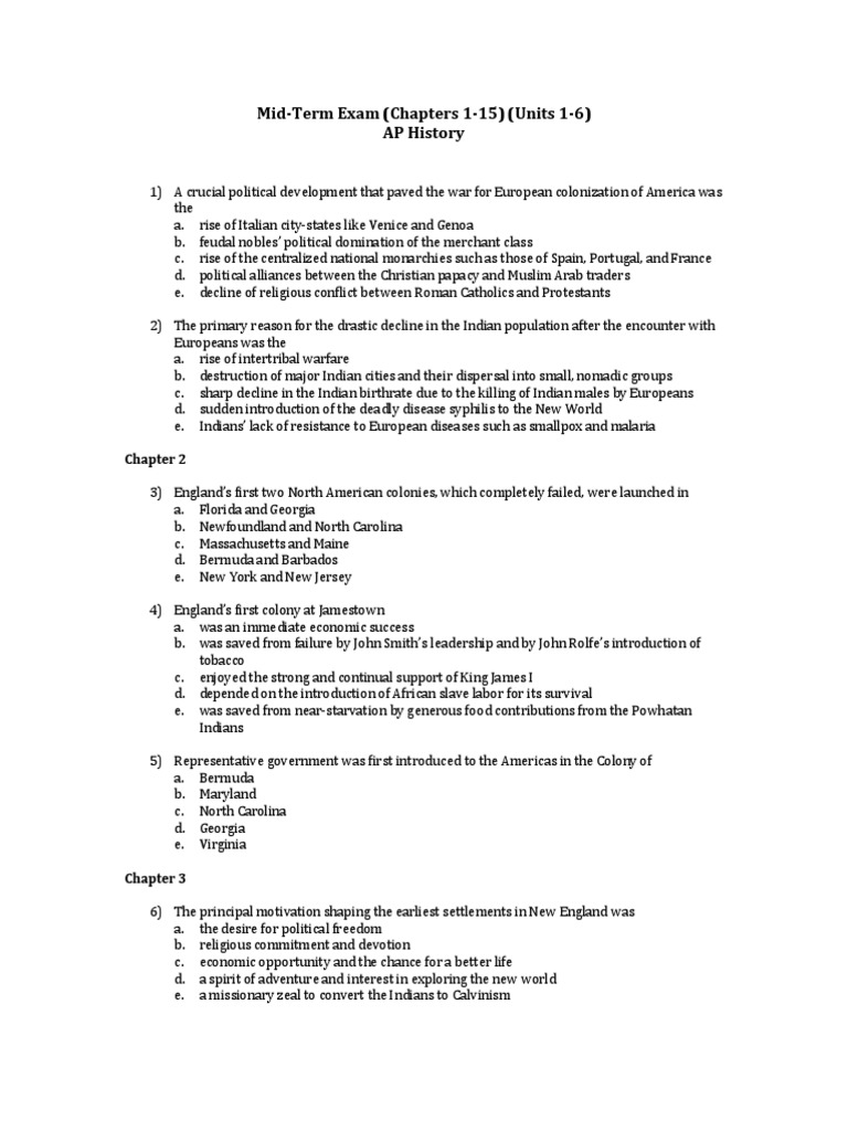 AP History Exam Mid-Term (ch1-15) | PDF | Thirteen Colonies | United ...