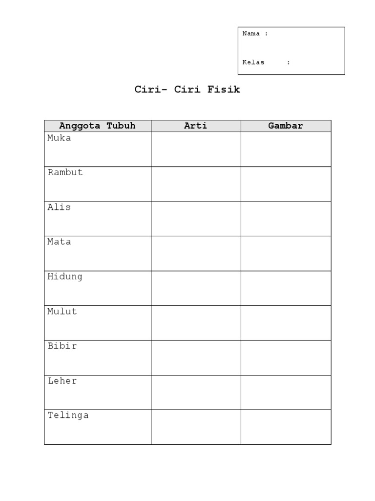 Ciri-Ciri Fisik - Worksheet - List Vocabulary | PDF