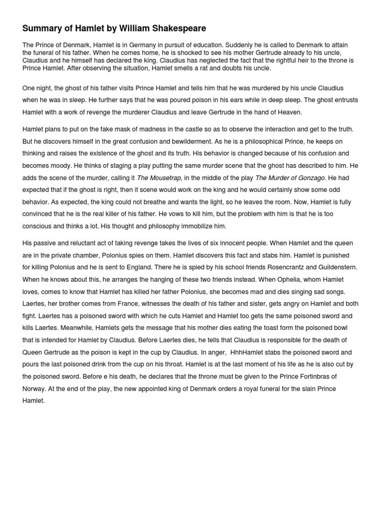 Summary of Hamlet by William Shakespeare | PDF | Hamlet | Plays Based ...