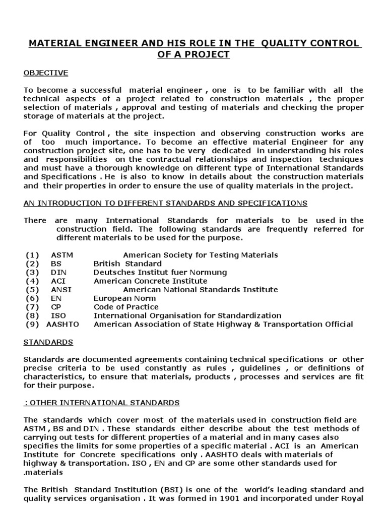 Role of Material Engineer in Quality Control | PDF | Specification ...