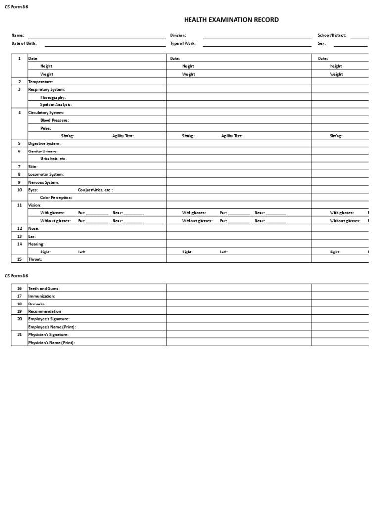 Teachers' Health Examination Card (CS Form 86) | PDF | Medical ...